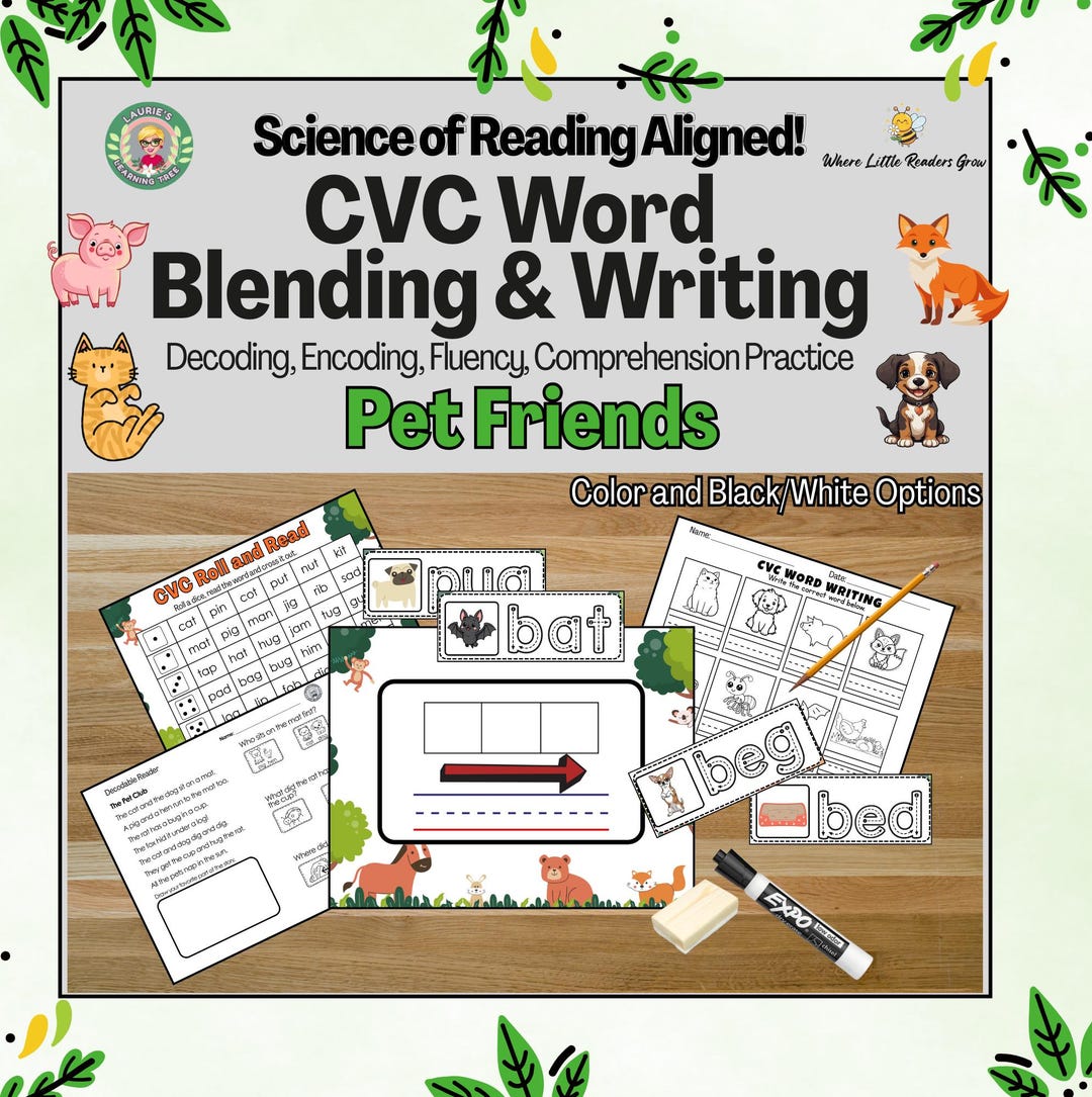CVC Word Blending & Writing: Pet Friends Theme Center Activities, Small ...