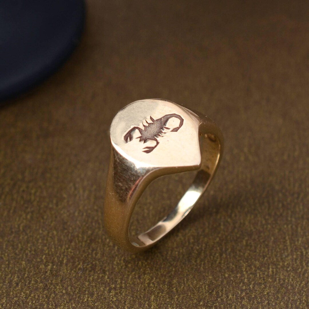 Unisex Gold Scorpion Pinky Signet Ring Solid Silver Embossed Minimalist ...