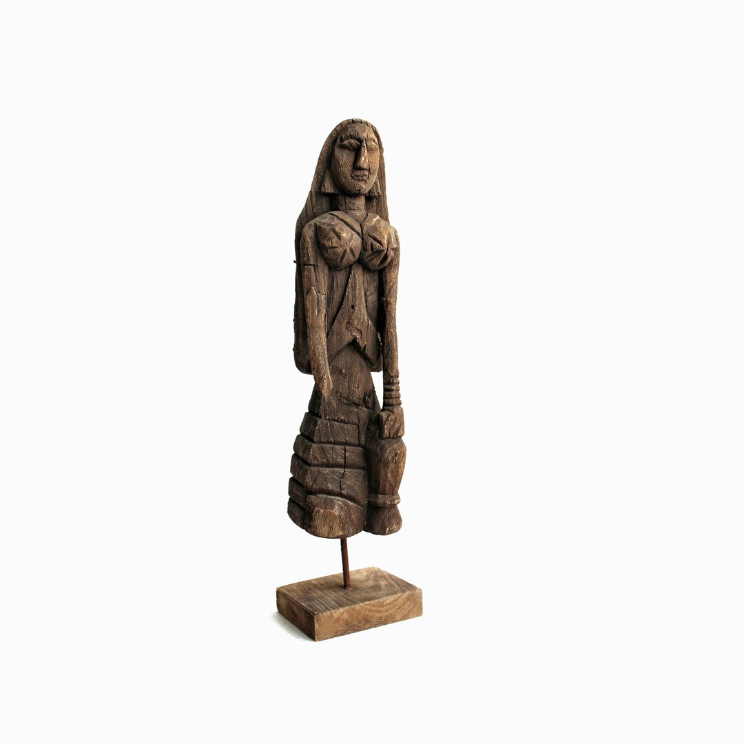 Old Antique Wooden Carved Women Statue on Iron Stand Original Vintage ...