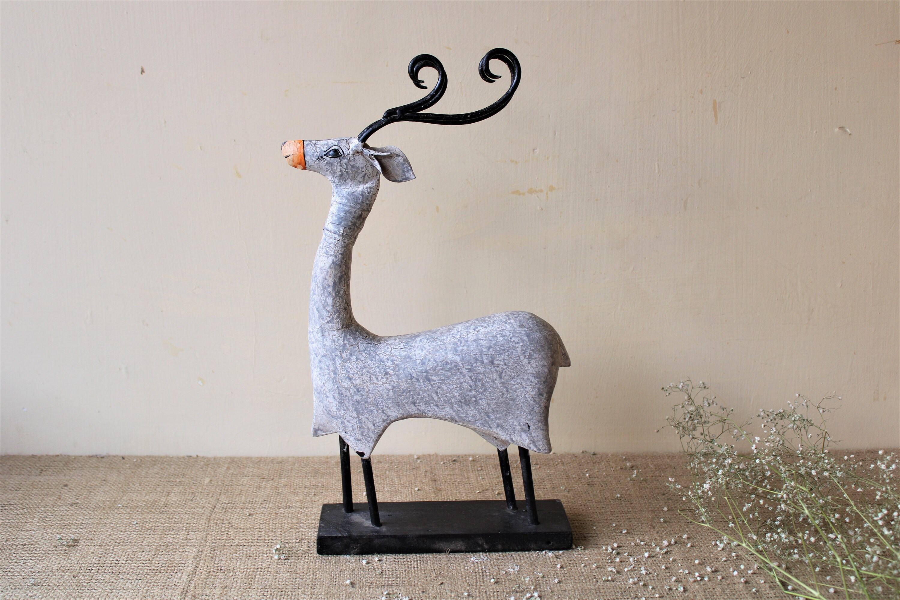 Vintage Wooden & Iron Decorative Reindeer Sculpture Antique Reindeer ...