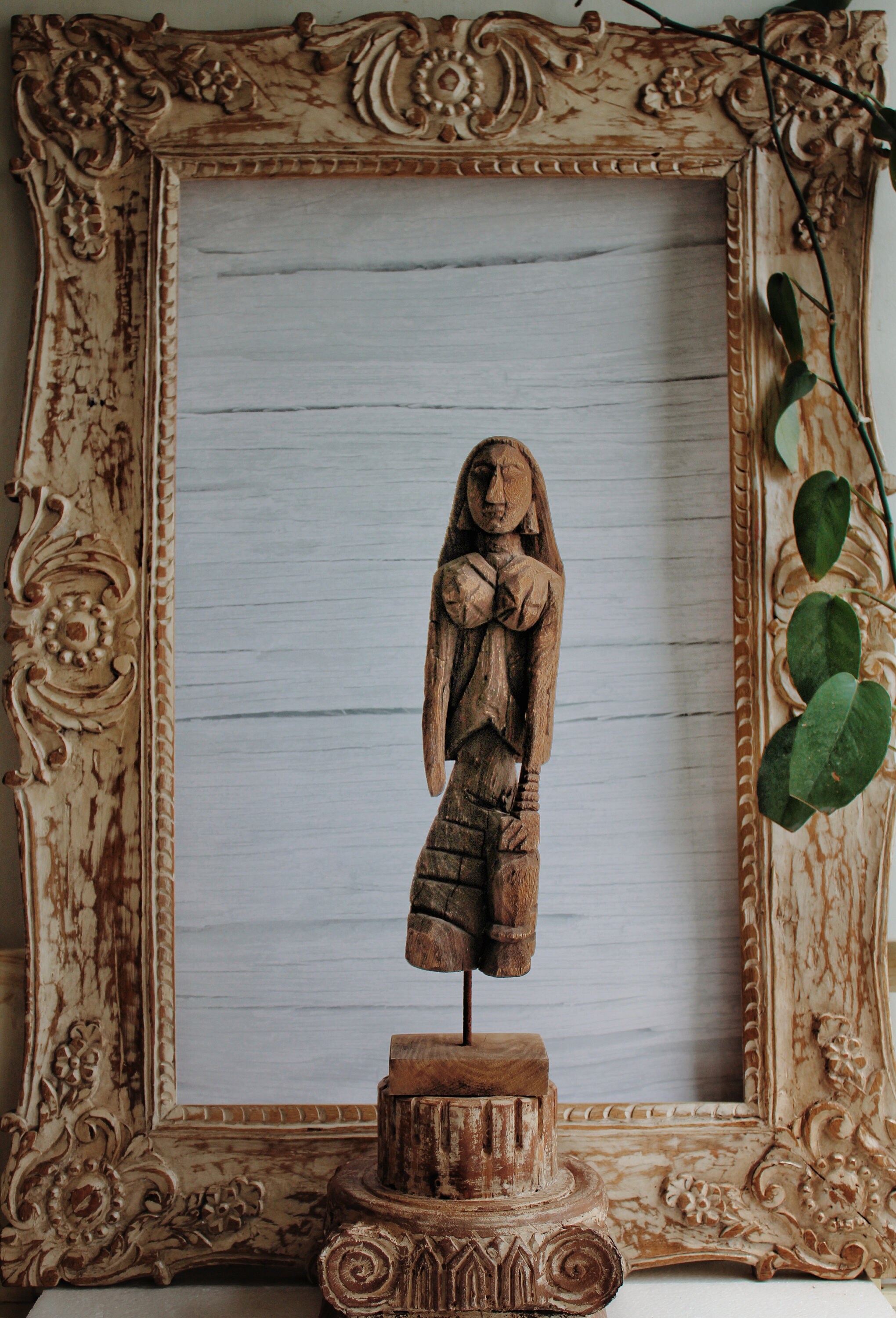 Old Antique Wooden Carved Women Statue on Iron Stand Original Vintage ...