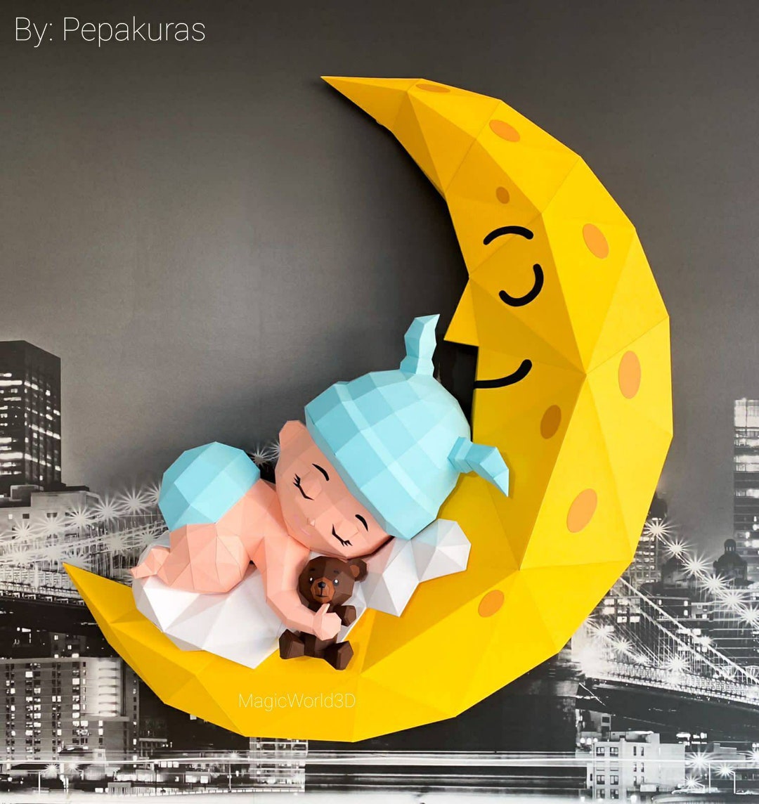 Papercraft Baby Sleeping on the Moon,diy, PDF Template,dxf, Silhouette ...