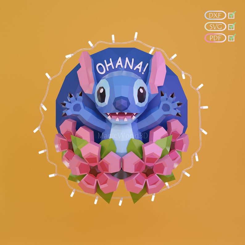 Stitch With Flowers, Papercraft, Wall Decoration, Low Poly, Pdf ...