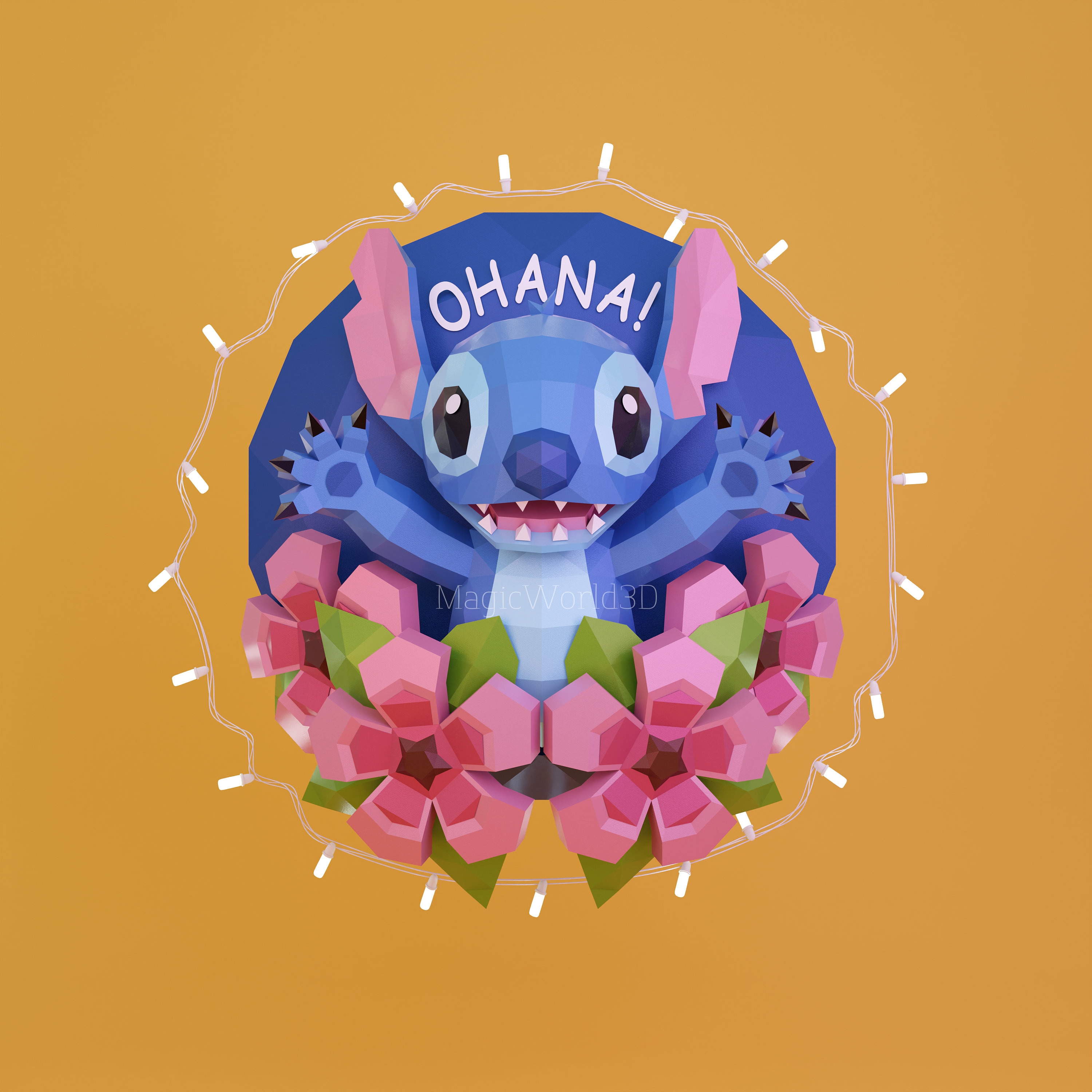 Stitch With Flowers, Papercraft, Wall Decoration, Low Poly, Pdf ...