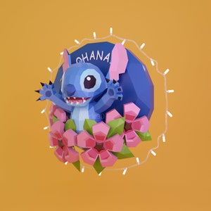 Stitch With Flowers, Papercraft, Wall Decoration, Low Poly, Pdf ...