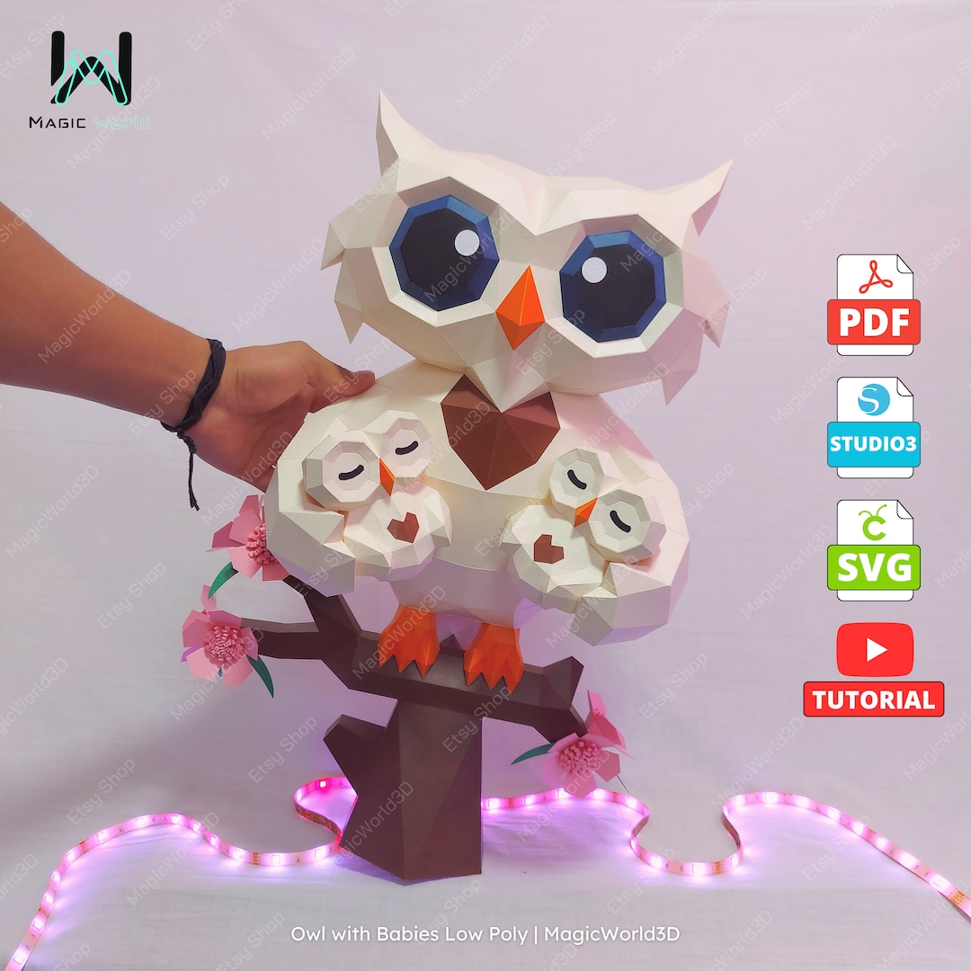 Owl With Babies Papercraft, Pdf Template, Paper Sculpture Owl, Low Poly ...