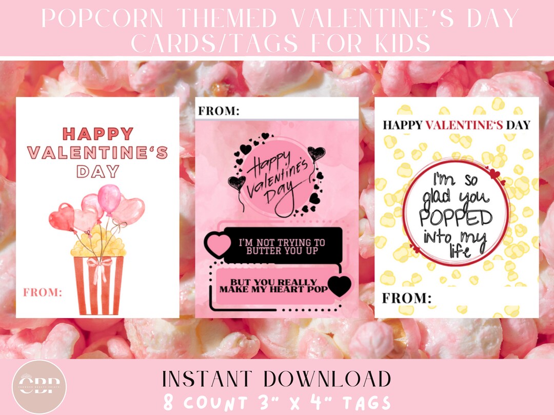 Popcorn Valentine Cards for Kids, Printable School Valentine Tags ...
