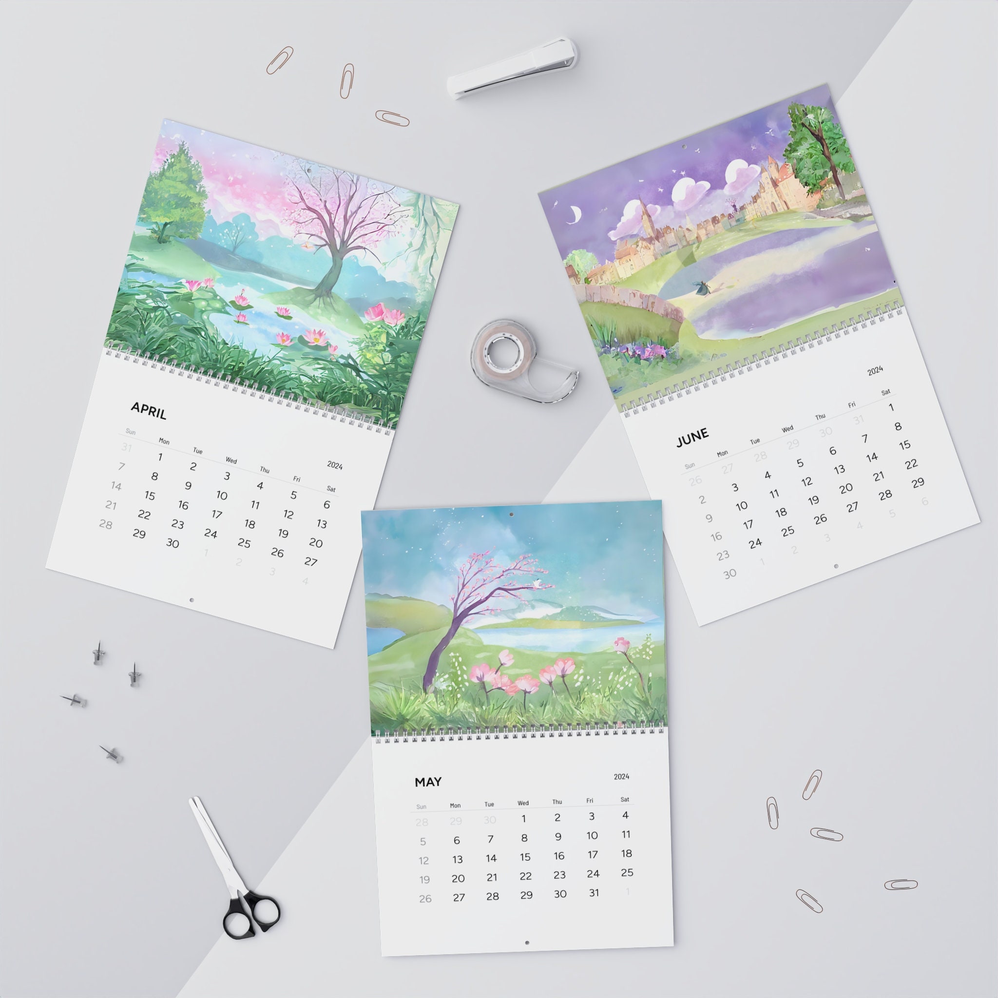 2024 Calendar, Wall Watercolor Monthly Calendar 2024 Cute Water Color ...