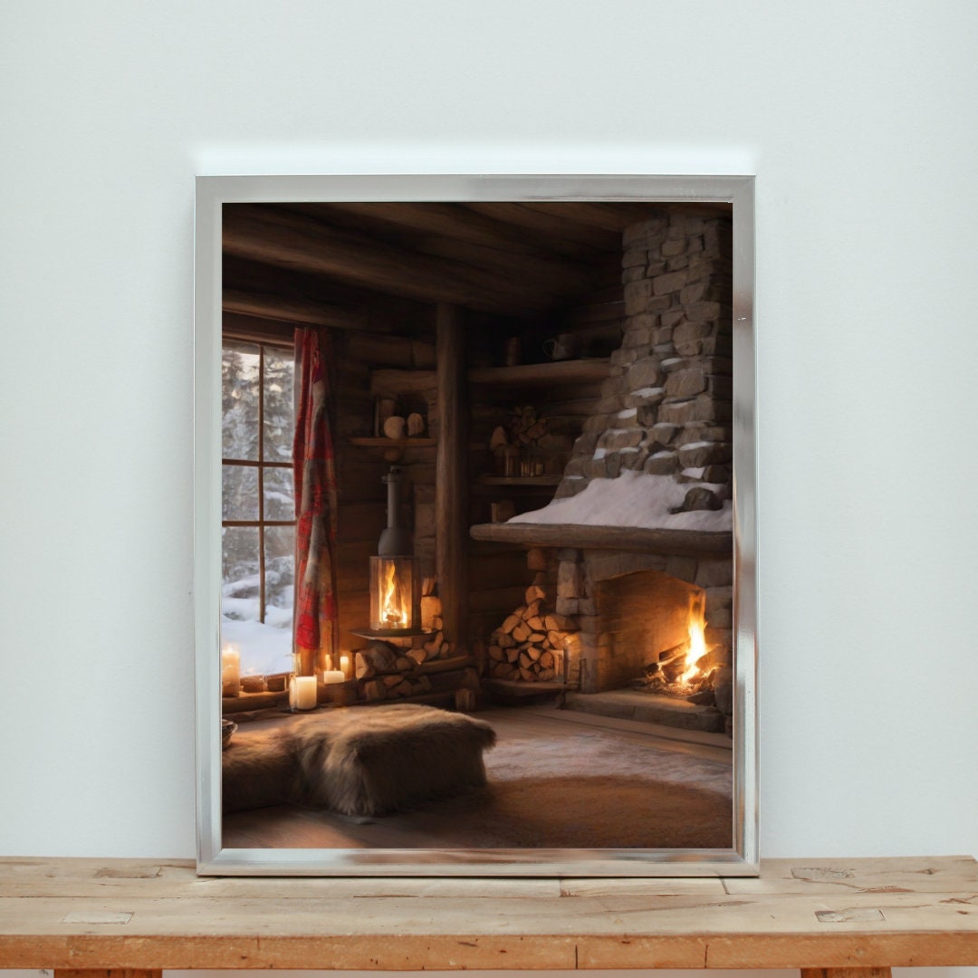 Cozy Winter Cabin Fireplace Scene Snowy Retreat Home Decor - Etsy