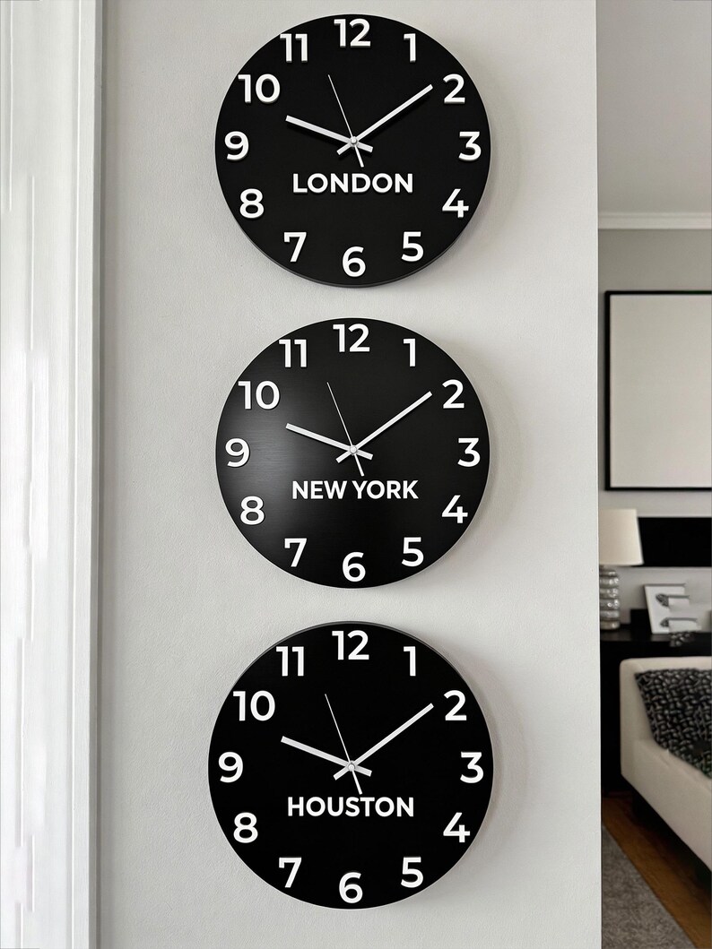 Customisable Time Zone Wall Clocks, Black World Clock, Custom City Name ...