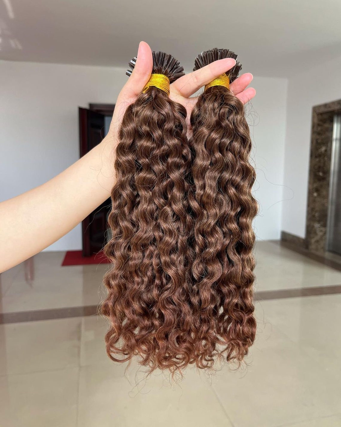 Curly Brown U Nail Tip in Human Hair Extensions Brazilian Remy Hair Pre ...