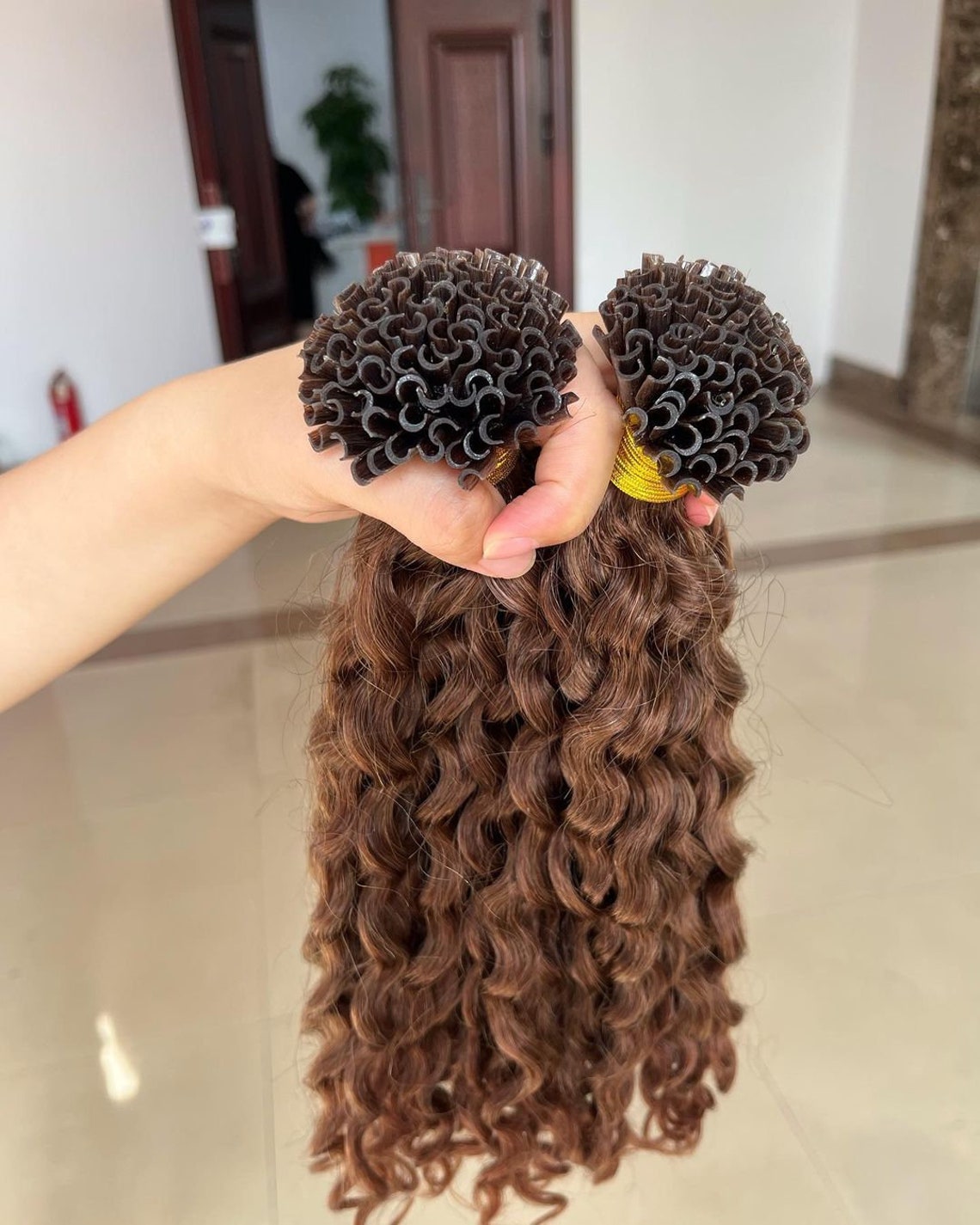 Curly Brown U Nail Tip in Human Hair Extensions Brazilian Remy Hair Pre ...