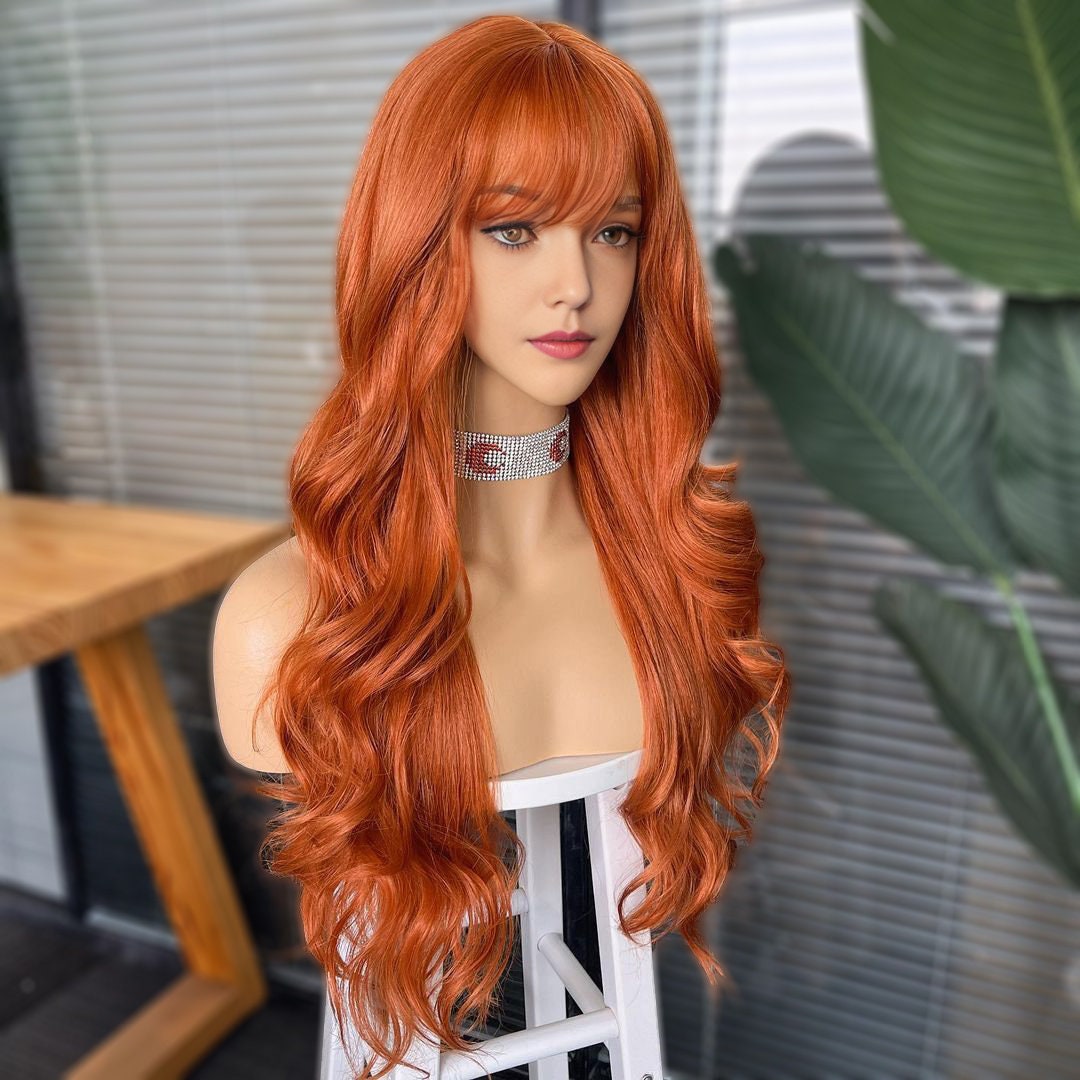 Orange Ginger Lace Front Wigs With Bangs Body Wave Glueless Transparent ...