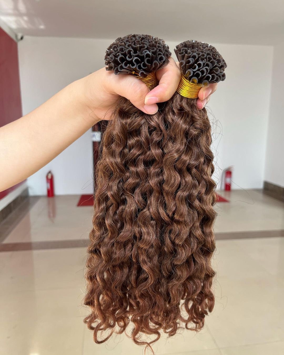 Curly Brown U Nail Tip in Human Hair Extensions Brazilian Remy Hair Pre ...