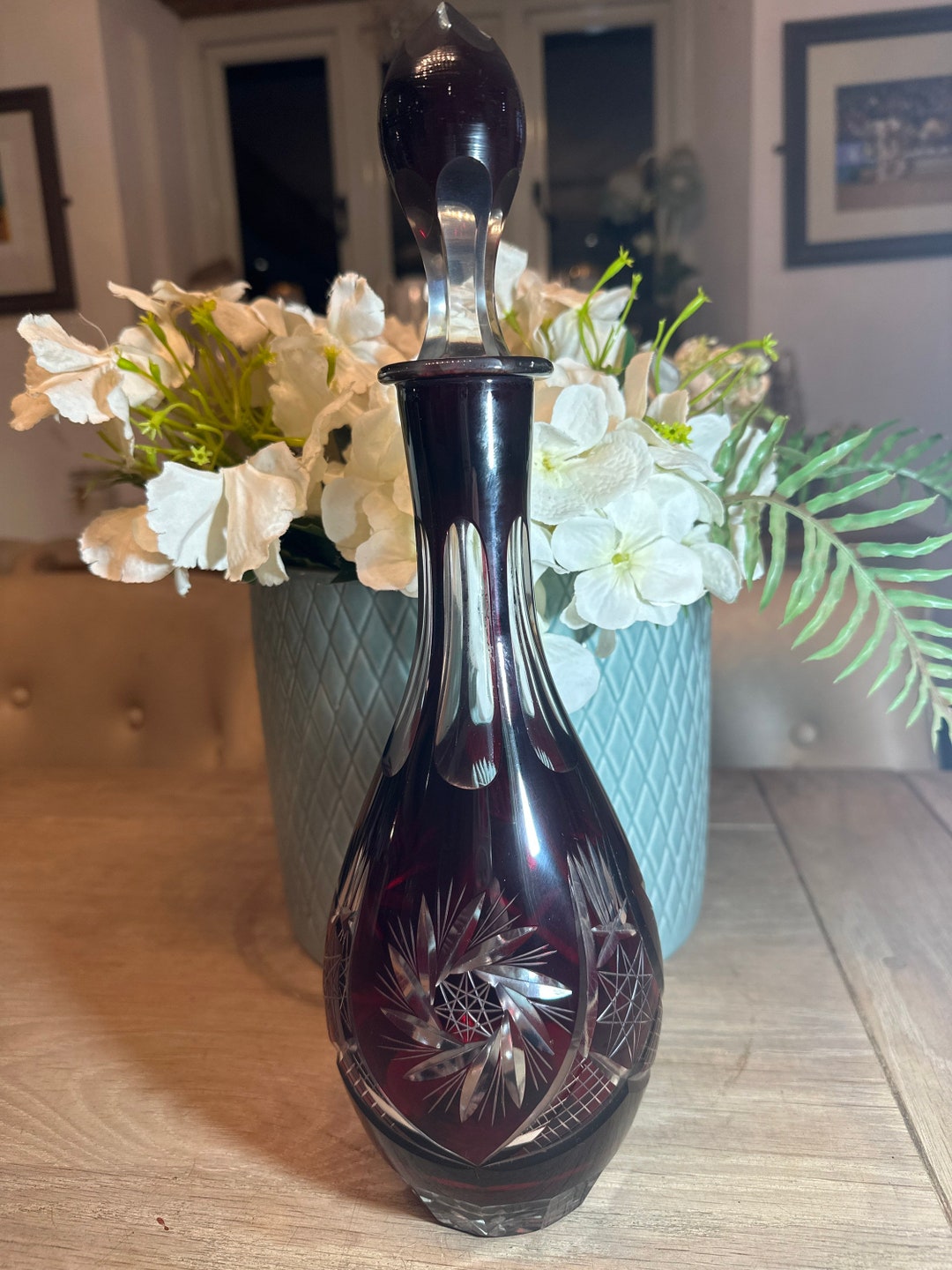 Crystal Glass Claret Red Cut Glass Decanter in Very Good Condition - Etsy