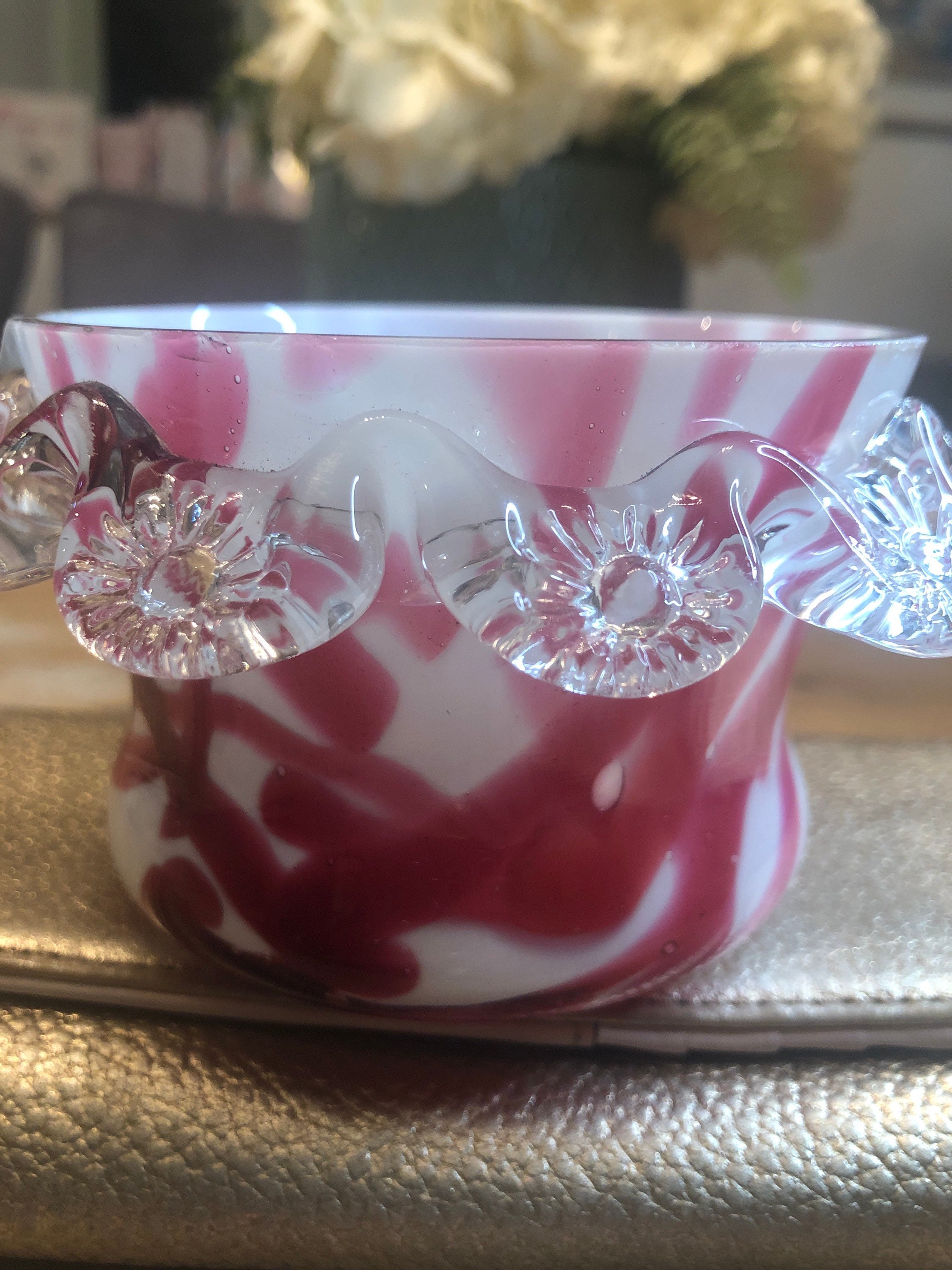 Hand Made Glass Art Bowl With Swirl of Flowers in Clear Glass Around ...