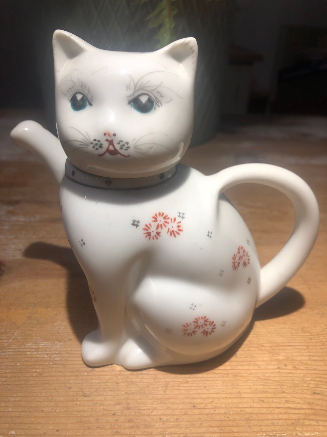 Chinese Cat Teapot Vintage Collectible White With Terracotta Flowers - Etsy
