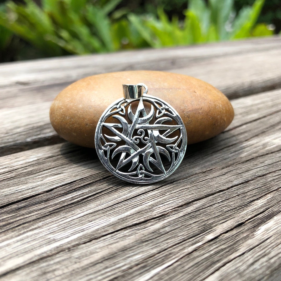 Handcrafted 925 Sterling Silver Pentacle Pentagram Crescent Sun Star ...