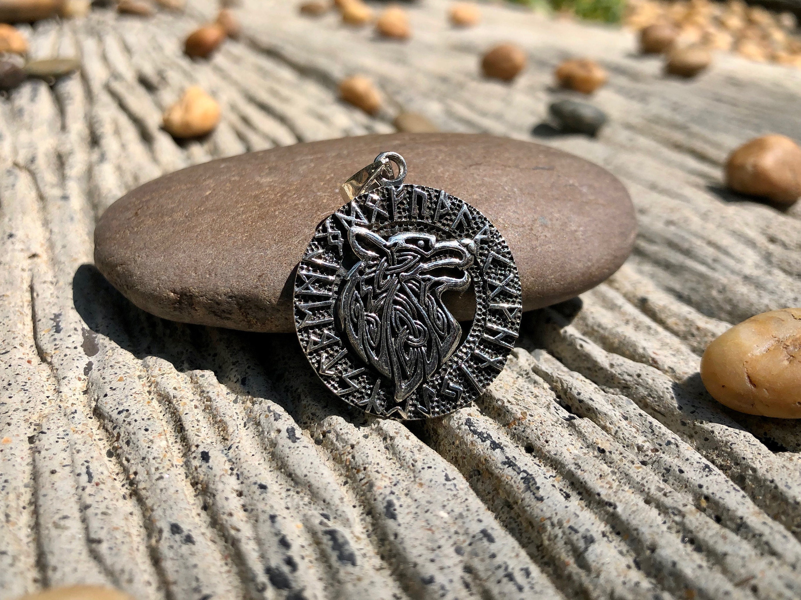 Viking Wolf Head Runes Circle Sterling Silver Pendant 925 - Etsy UK