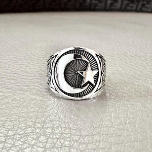 Handcrafted 925 Sterling Silver Star & Crescent Moon Ring Islam Muslim ...