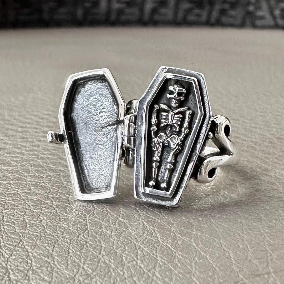 Handcrafted 925 Sterling Silver Skeleton Locket Ring Biker Skull Punk ...
