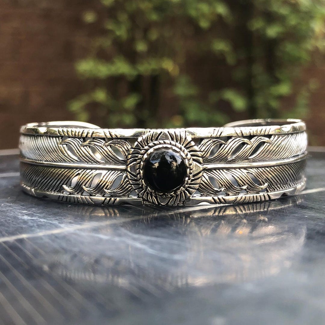 Handcrafted 925 Sterling Silver Bird Feather Onyx Stone Indian Native ...