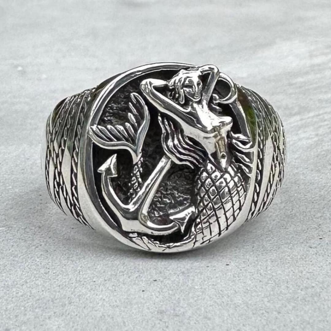Handcrafted 925 Sterling Silver Mermaid Ring Anchor Amulet Sea Maiden ...