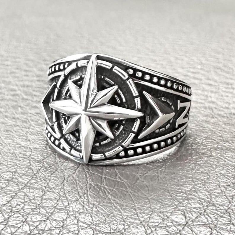 Handcrafted 925 Sterling Silver Compass Ring North Star Compass Sailor ...