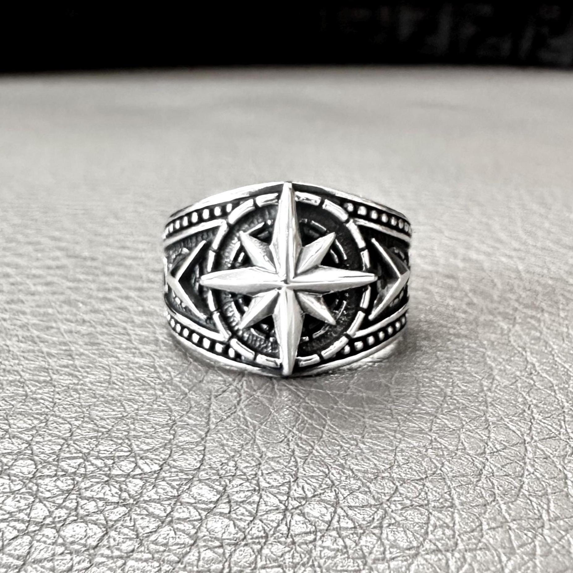 Handcrafted 925 Sterling Silver Compass Ring North Star Compass Sailor ...