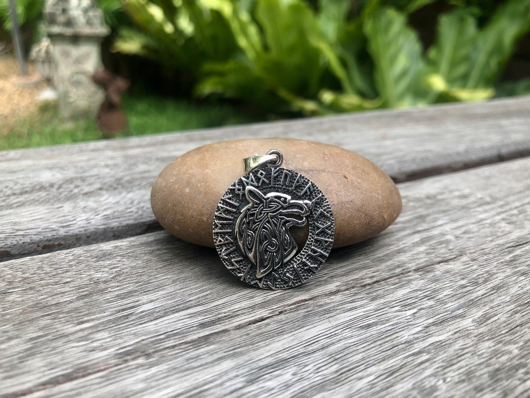 Viking Wolf Head Runes Circle Sterling Silver Pendant 925, Celtic ...