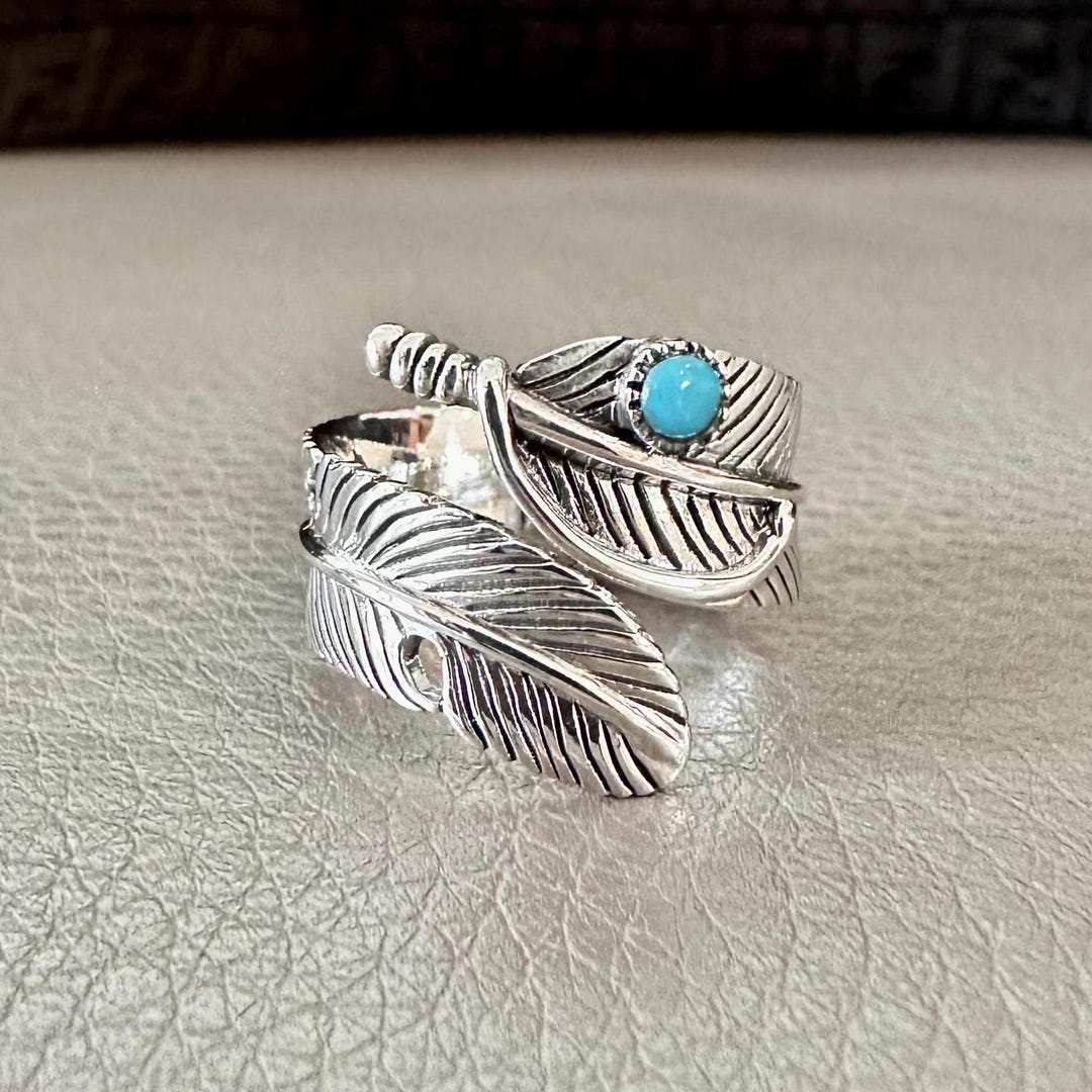 Handcrafted 925 Sterling Silver Bird Feather Ring Turquoise Stone Eagle ...