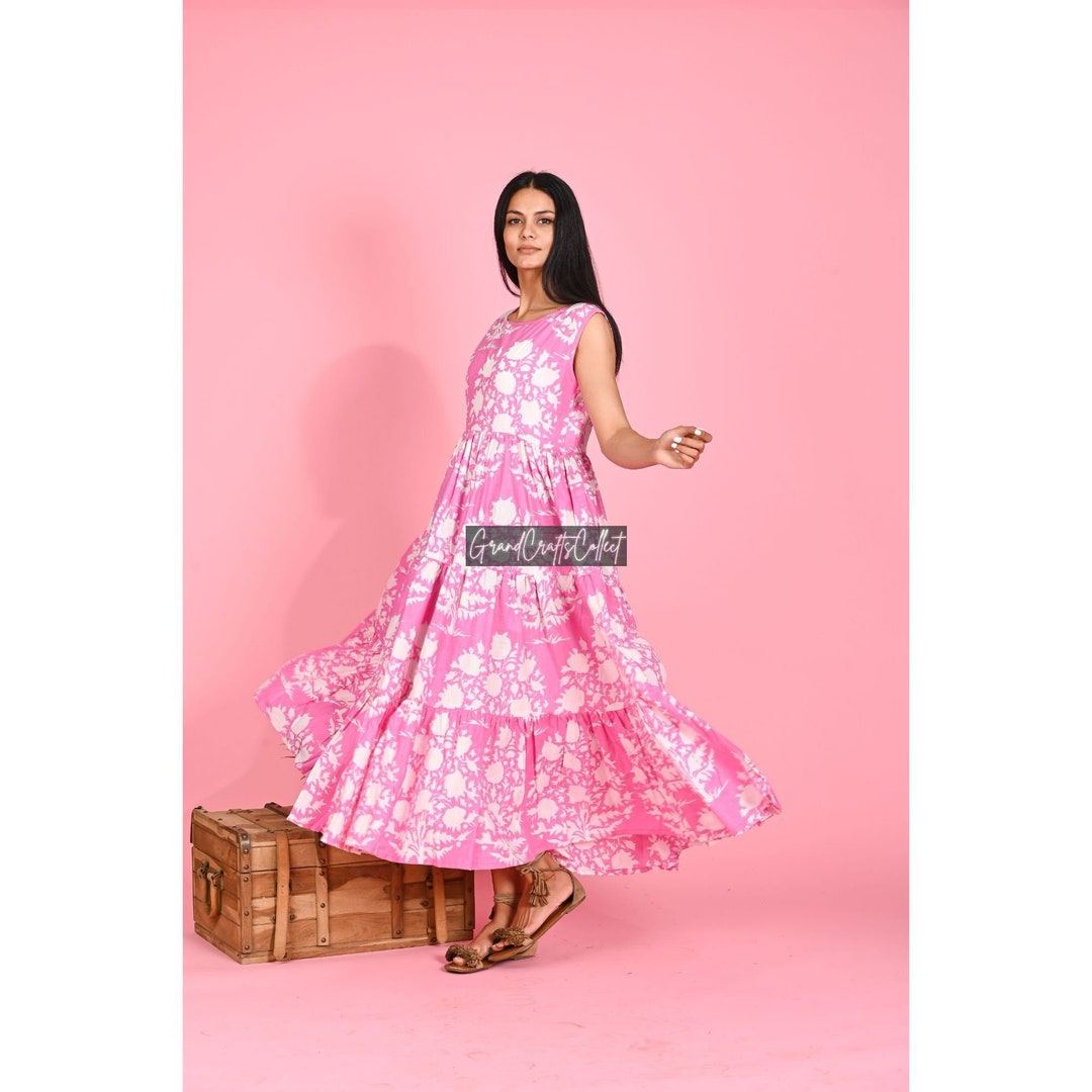 Attractive Three Tier Sleeveless Long Maxi Dress ~ Pink Color Dress ...