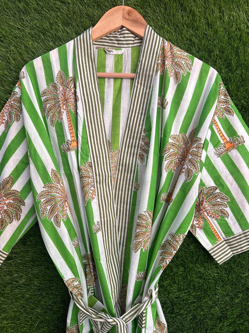 Hand Block Print Kimono Robe, Green Striped Palm Tree Cotton Duster - Etsy