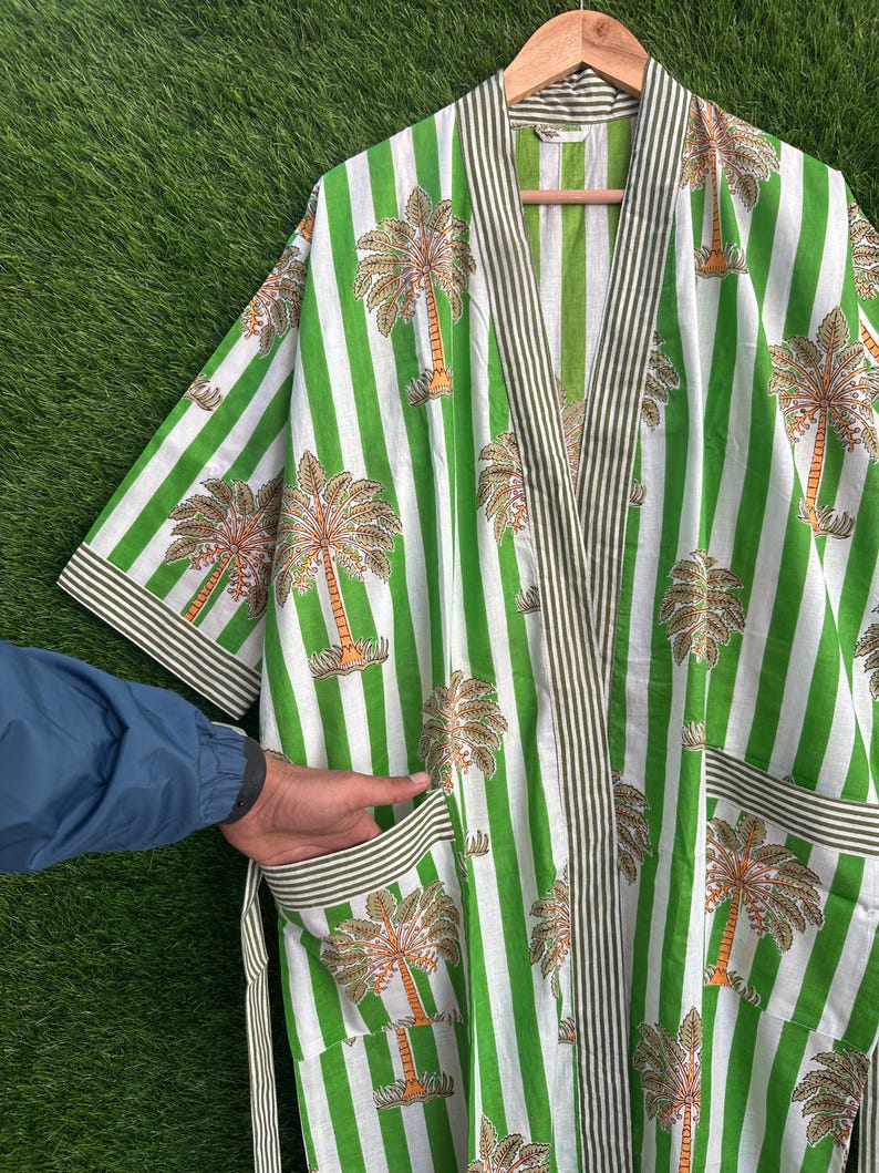 Hand Block Print Kimono Robe, Green Striped Palm Tree Cotton Duster - Etsy