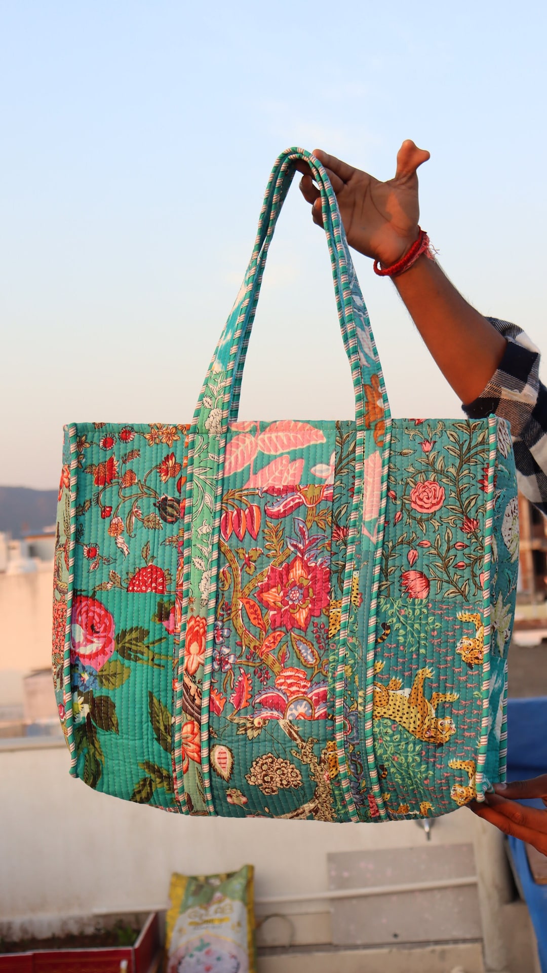 Handmade Kantha Quilted Tote Shopping Bag, Patchwork Floral Print ...