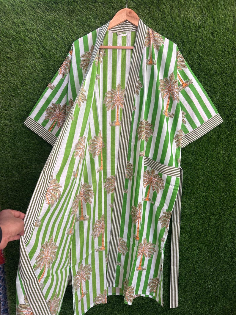 Hand Block Print Kimono Robe, Green Striped Palm Tree Cotton Duster - Etsy