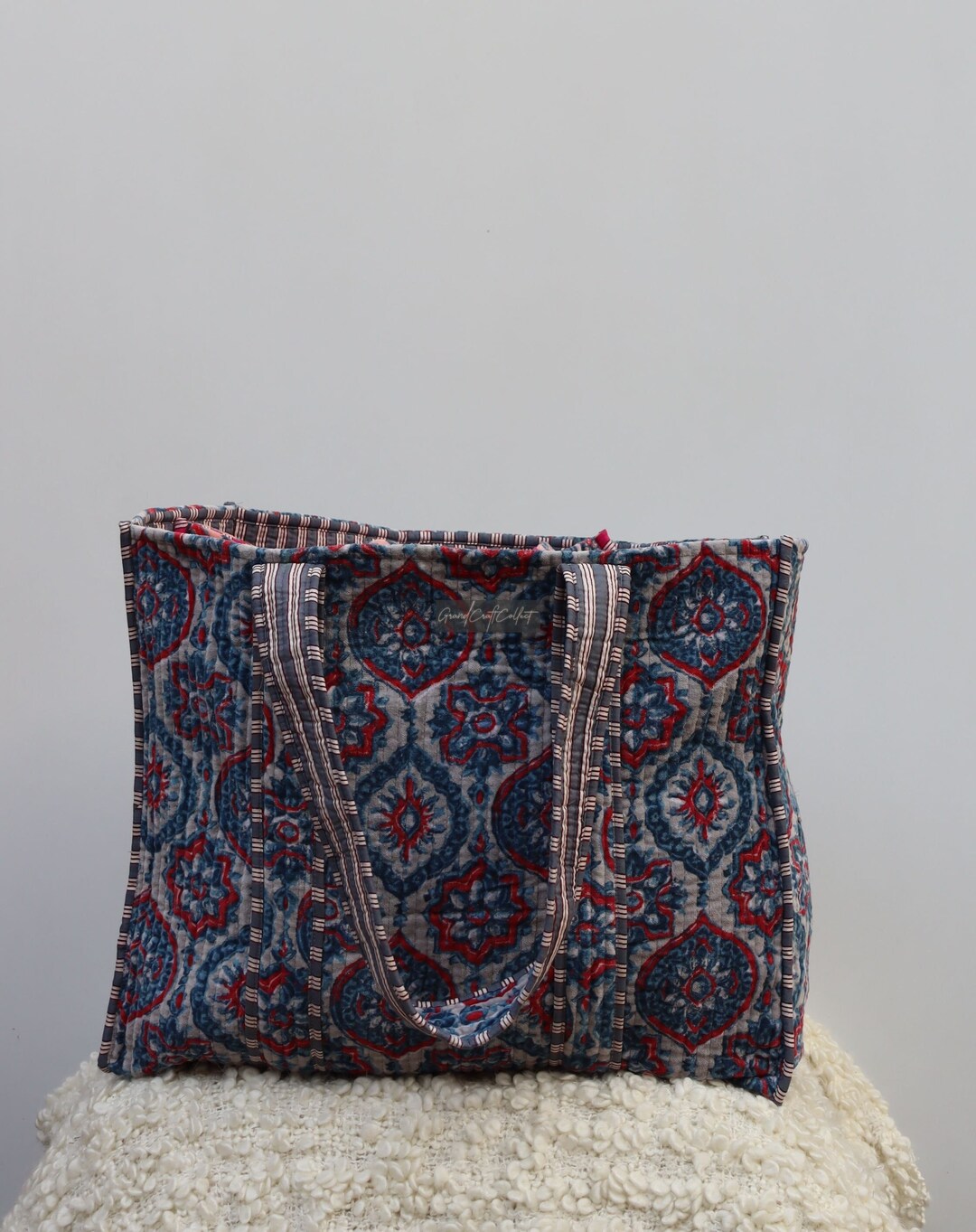 Handmade Cotton Velvet Quilted Tote Bag, Floral Print Cotton Velvet ...