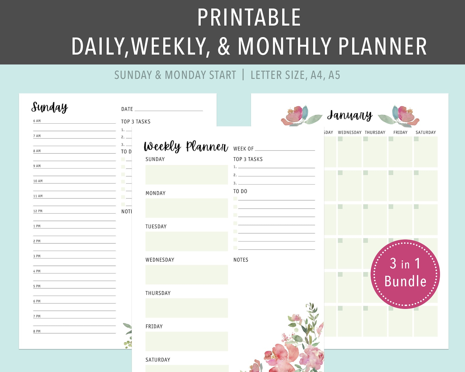 Printable Planner Bundle: Daily Weekly and Monthly Planner | Etsy