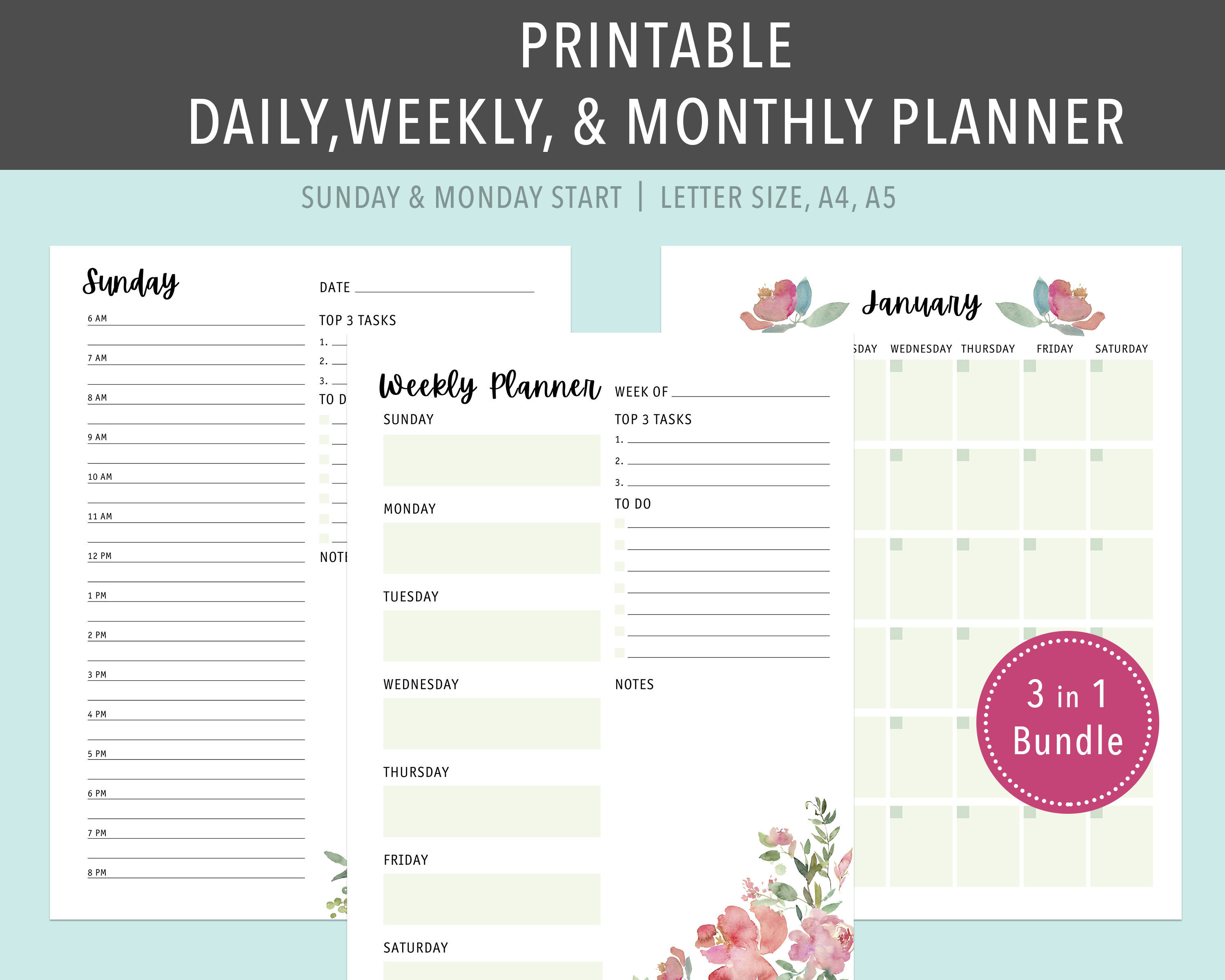Printable Planner Bundle: Daily, Weekly and Monthly Planner Pages, to ...