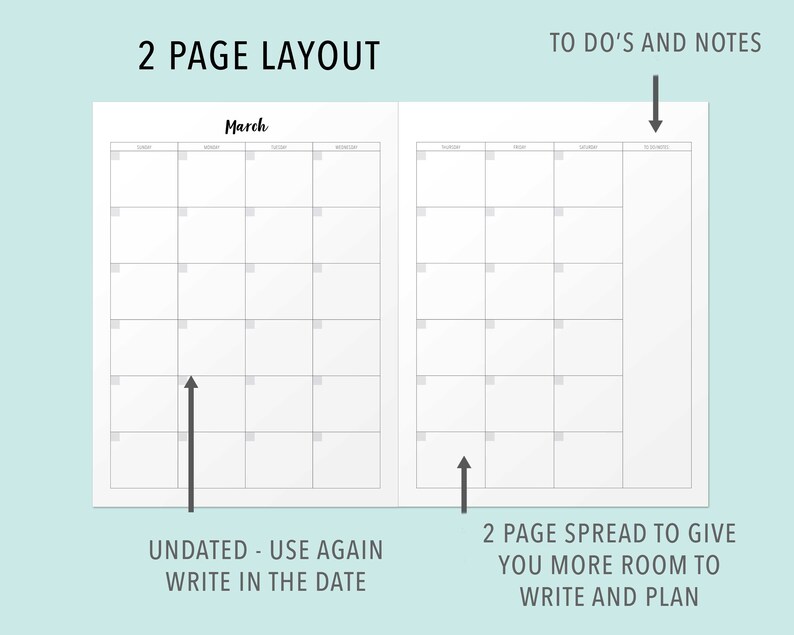Printable Undated Monthly Calendar, Digital Planner, Calendars ...