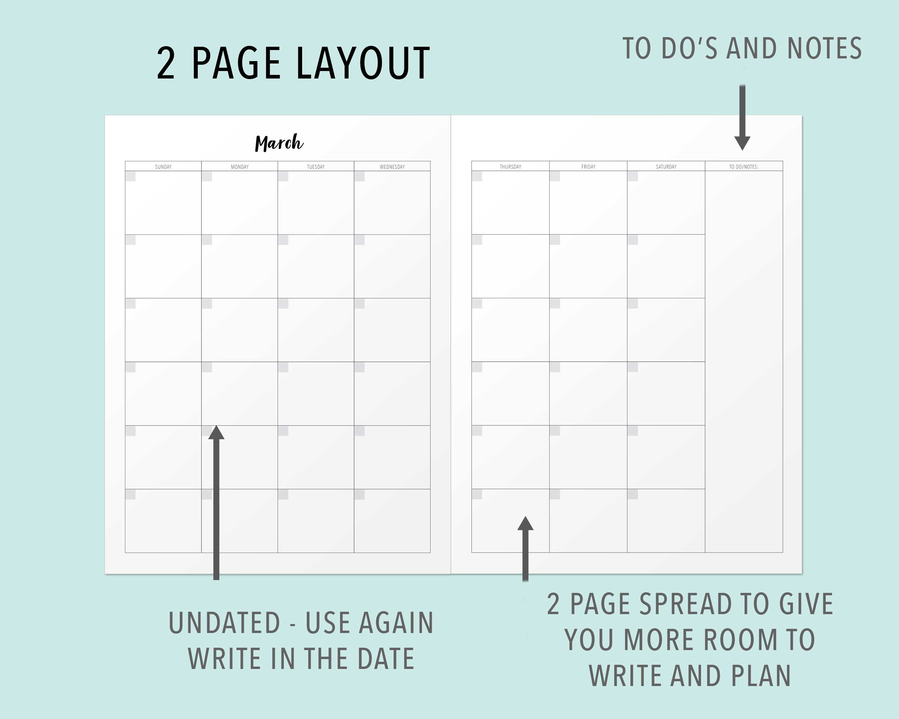 Printable Undated Monthly Calendar, Digital Planner, Calendars ...