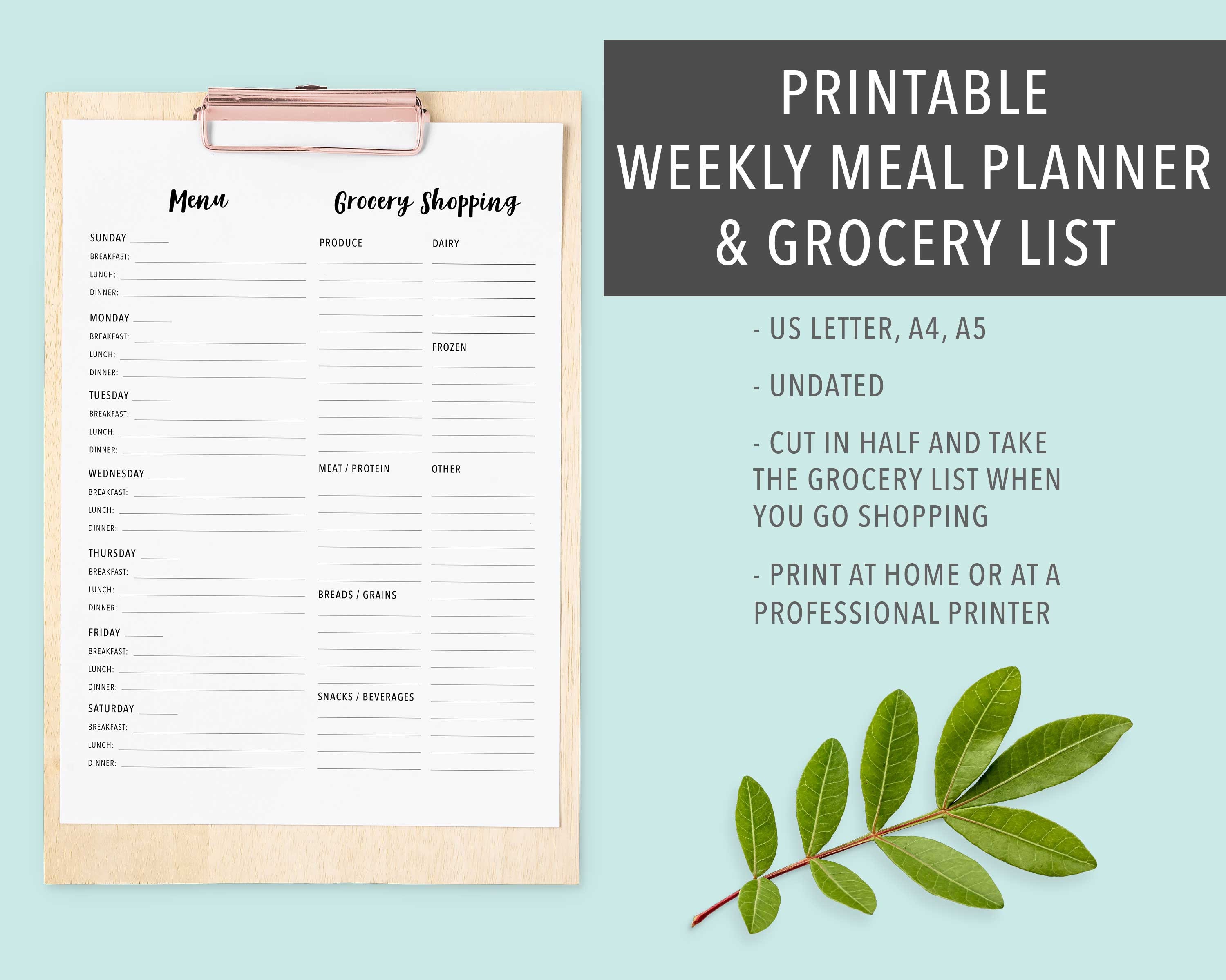 Printable Weekly Meal Planner and Grocery Shopping List, Meal Planner ...