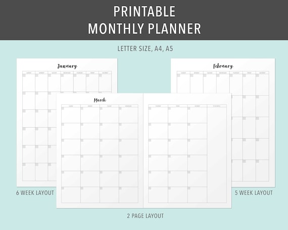 Printable Undated Monthly Calendar Digital Planner Calendars | Etsy