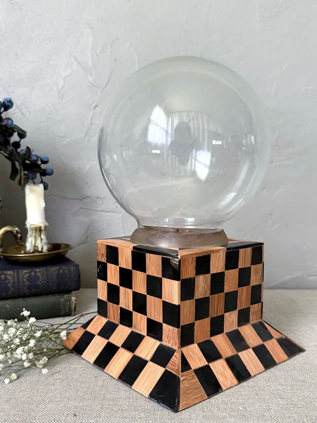 Vintage Mid Century Apothecary Dome With Checkered Wooden Base & Floral ...