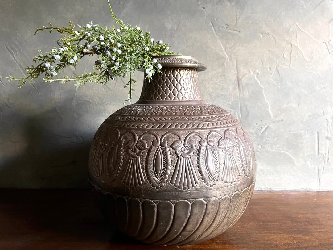 Large 13” Vintage Patina Brass Floral and Leaf Etched Heavy Bottom Vase ...