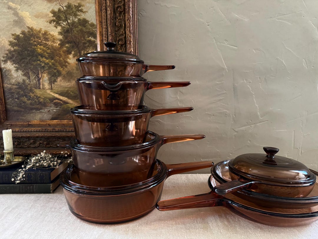 Vintage Set of 14 Amber Glass Pyrex Corning Ware Visions Pots and Pans ...