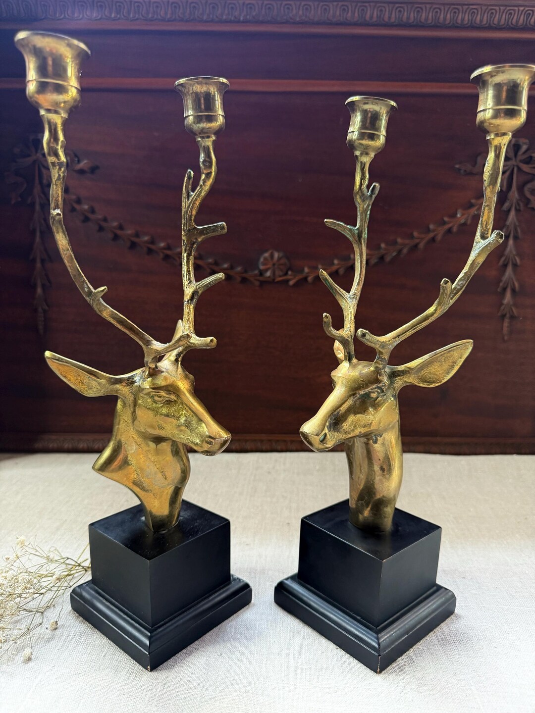 Gorgeous Pair of Large Vintage Brass Stag Reindeer Double Candlestick ...