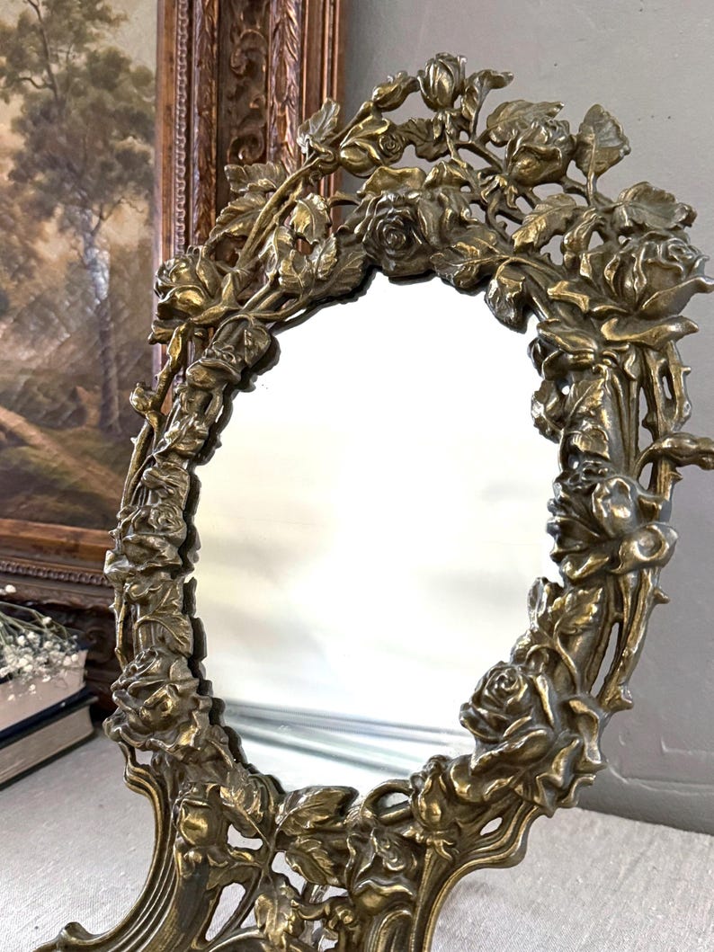 Vintage Brass Vanity Mirror, French Art Nouveau Rose Embossed - Etsy