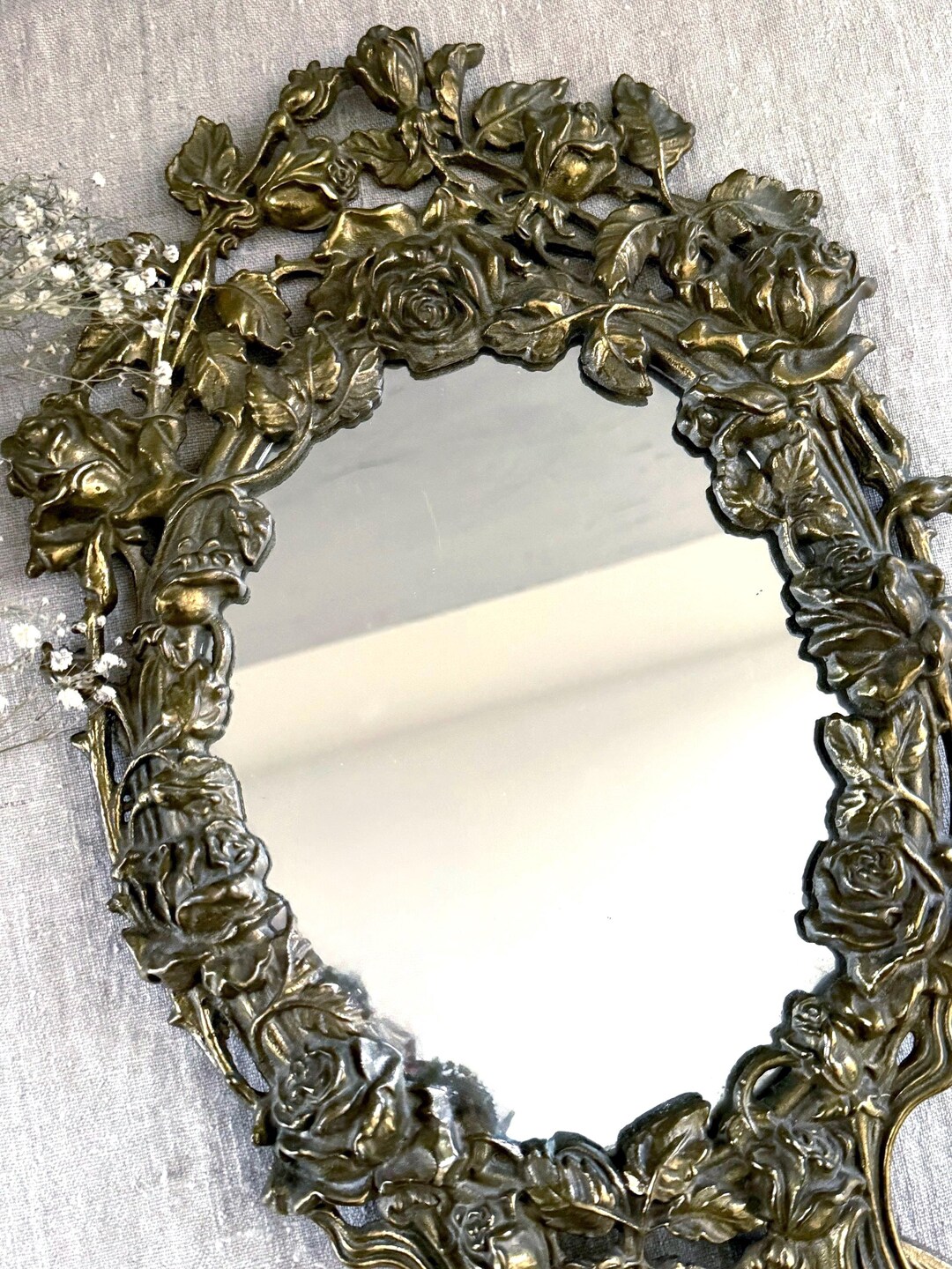 Vintage Brass Vanity Mirror, French Art Nouveau Rose Embossed - Etsy