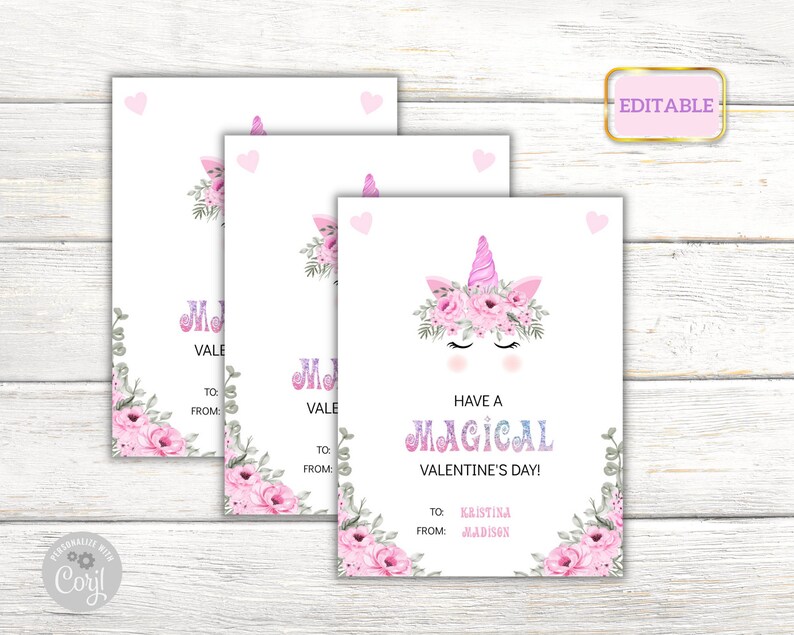 Editable Magical Unicorn Valentine Cards, Unicorn Treat Bag Tag ...